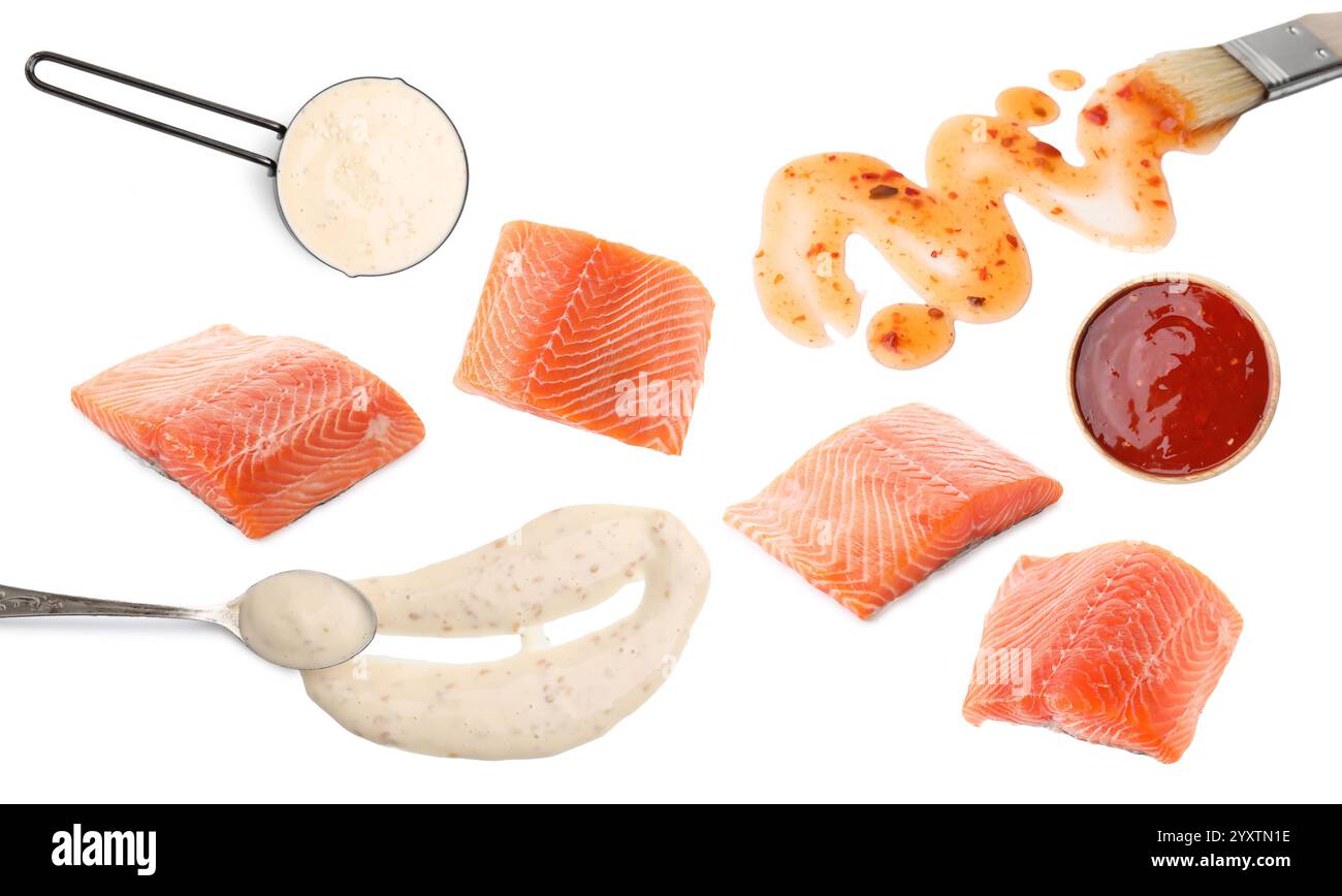 Different types of red fish marinade and salmon pieces on white ...