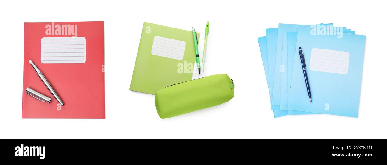 Many different notebooks and other school stationery on white ...