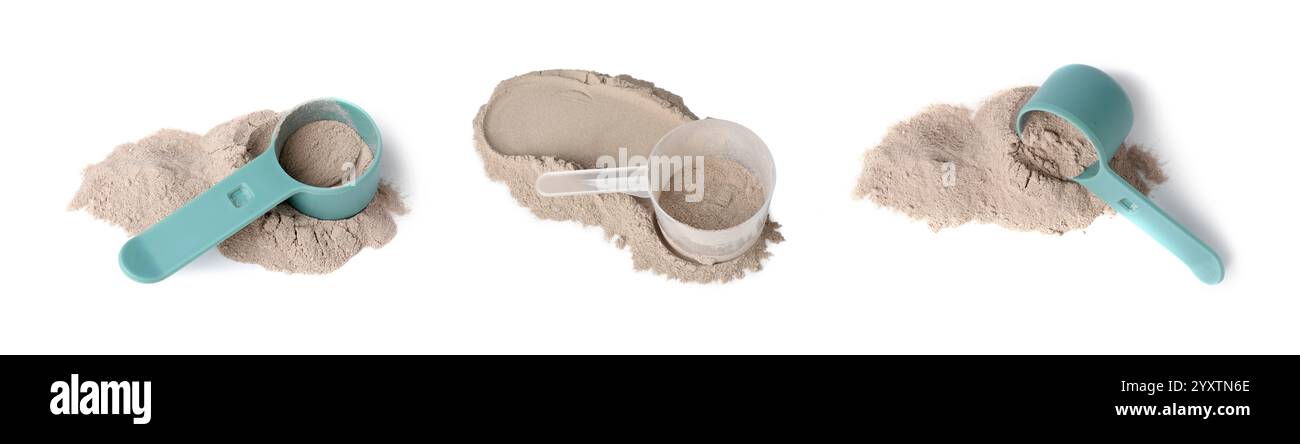 Protein powder and measuring scoops on white background, collage Stock ...