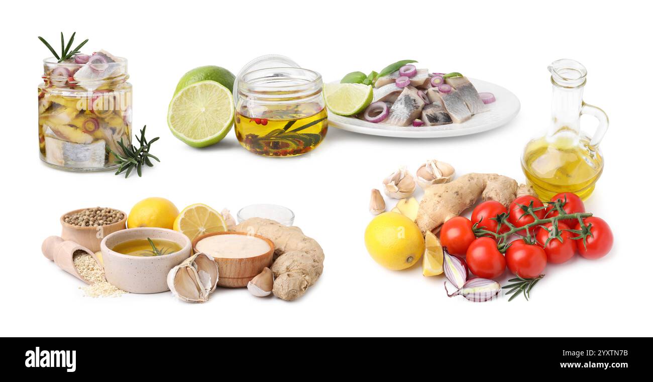 Different types of fish marinade and herring pieces on white background ...