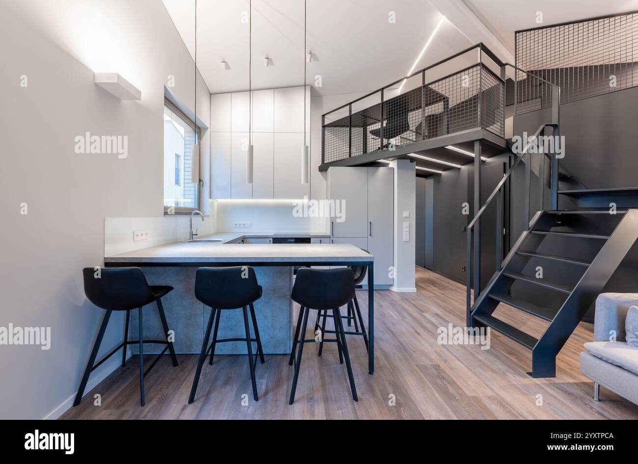 A sleek and contemporary loft apartment featuring an open kitchen ...