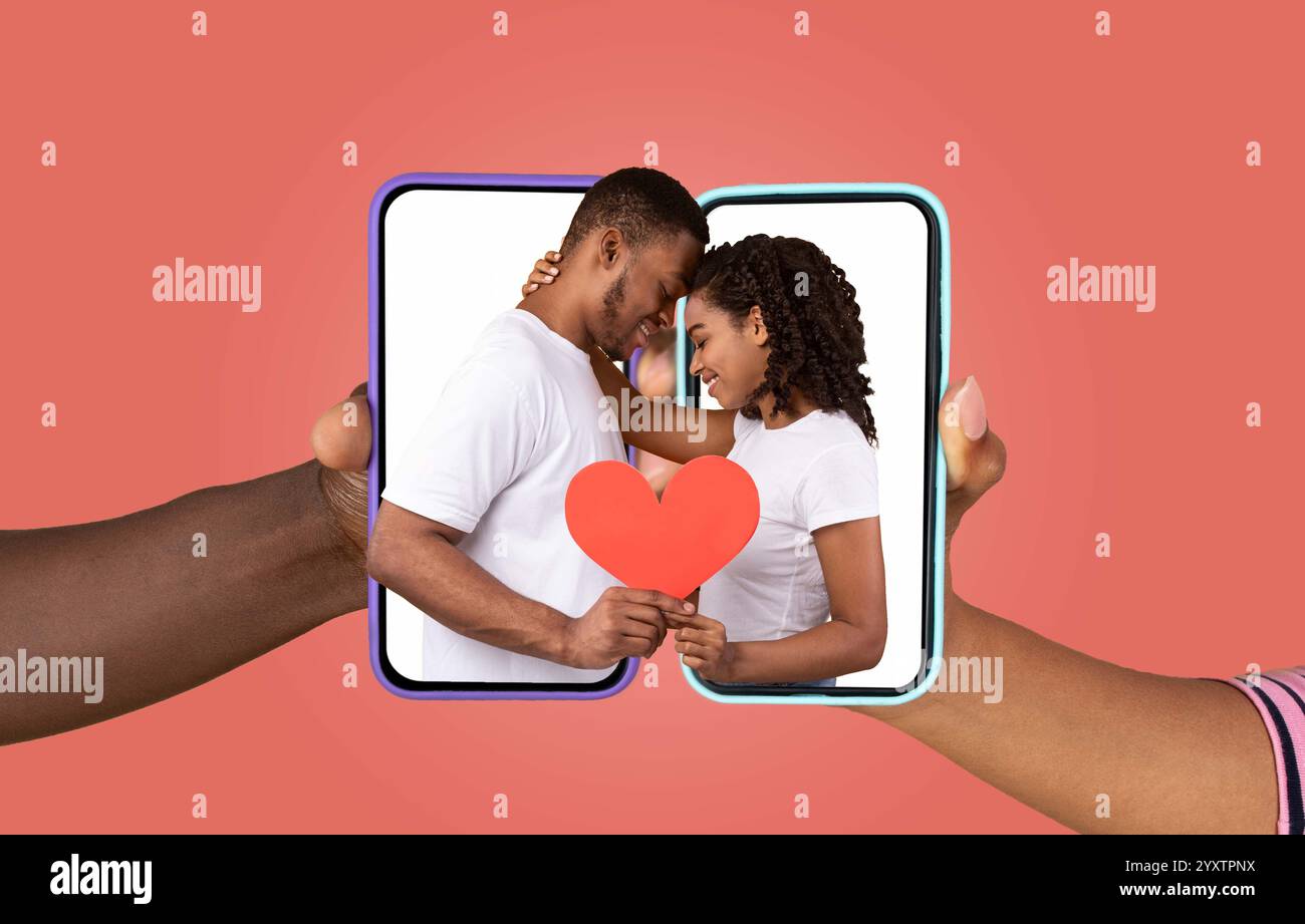 Couple connecting through love and technology while holding smartphones ...