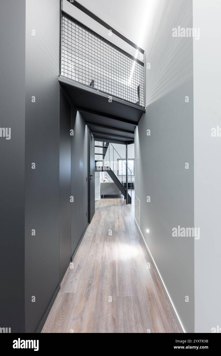 A sleek contemporary hallway featuring clean lines, geometric ...