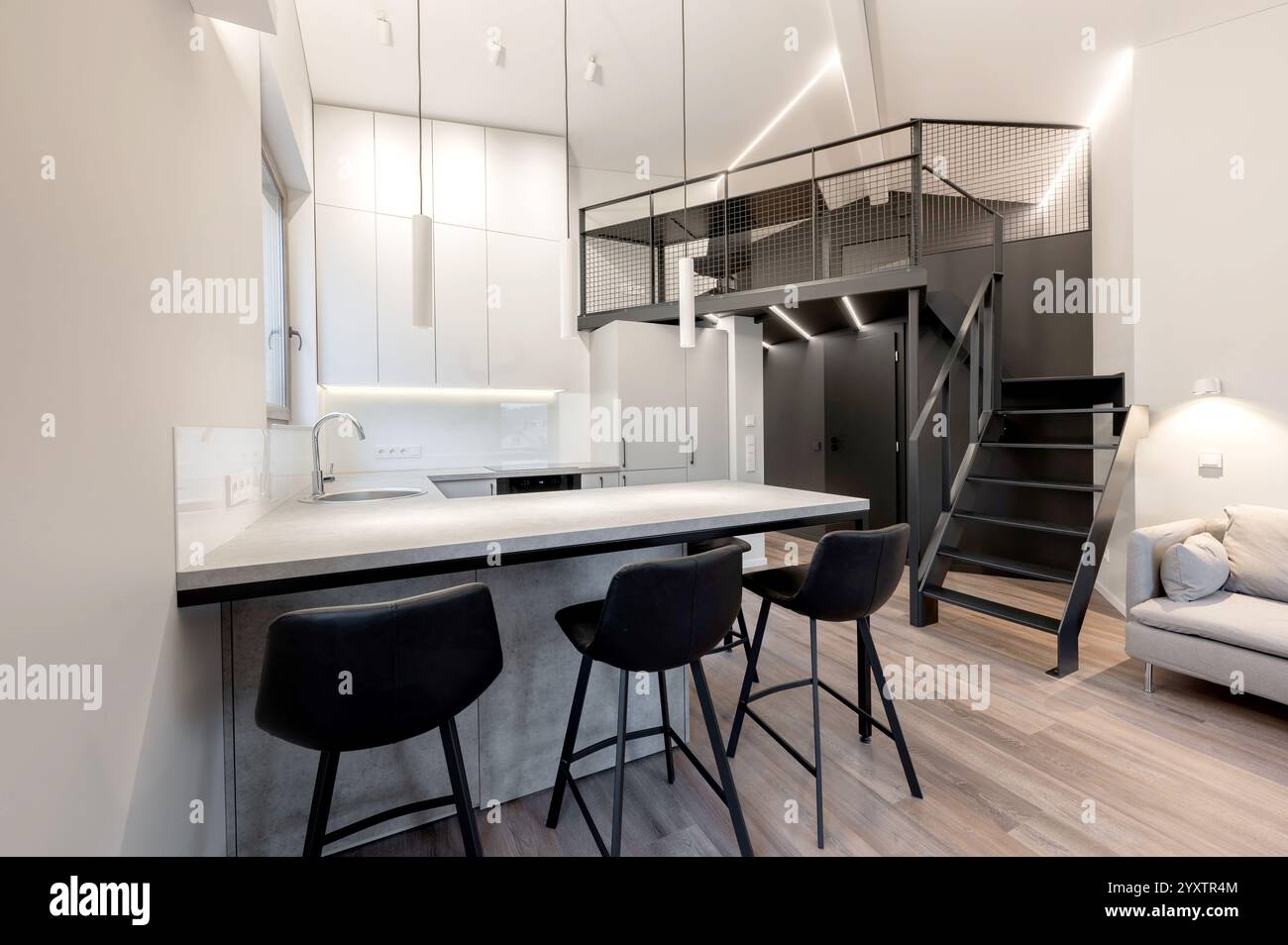 A sleek and contemporary loft apartment featuring an open kitchen ...