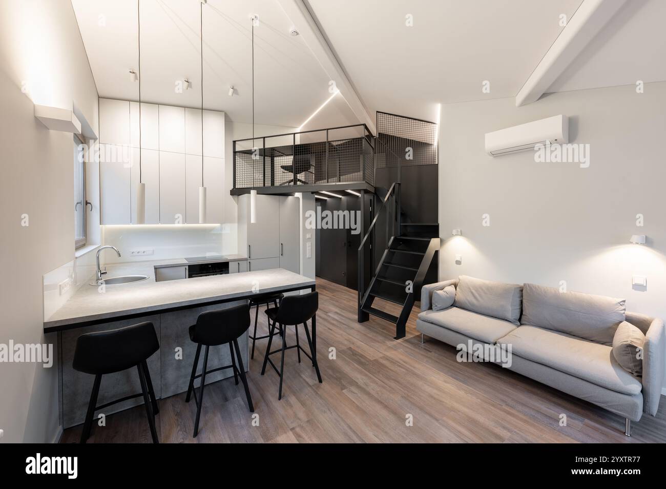 A sleek and contemporary loft apartment featuring an open kitchen ...