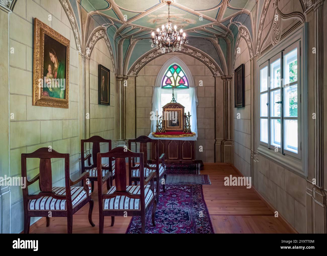 House chapel with a separate entrance from the front porch, decorated ...