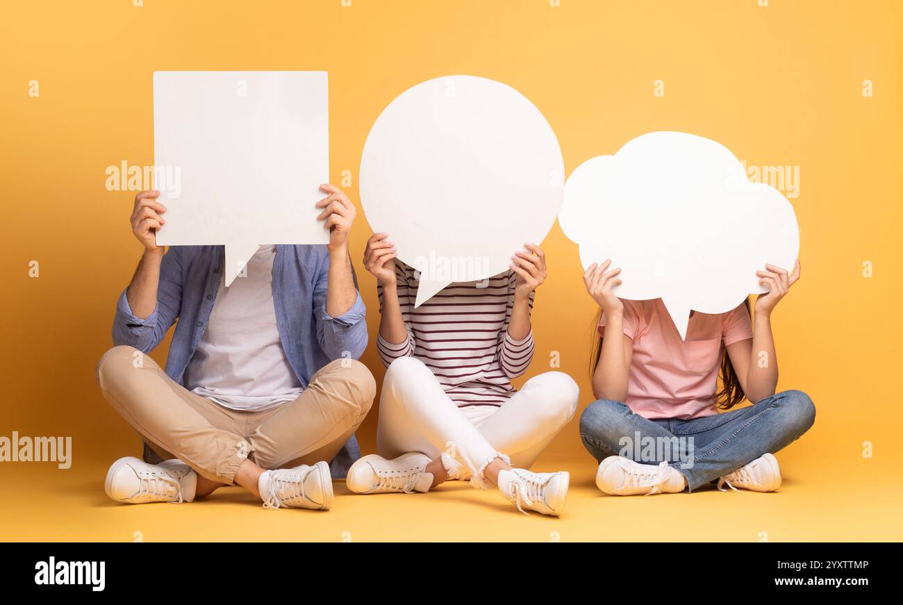 Family members create speech bubbles for fun interaction in a bright ...