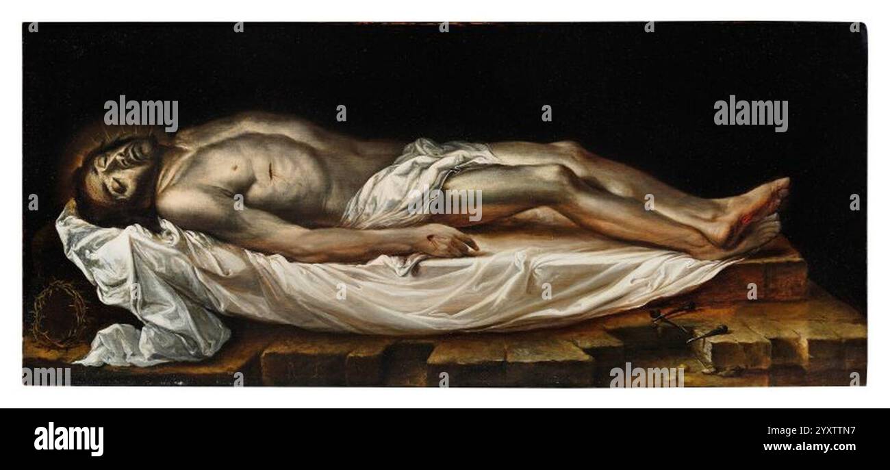 Dead Christ laid on a white cloth with the Crown of Thorns and nails ...