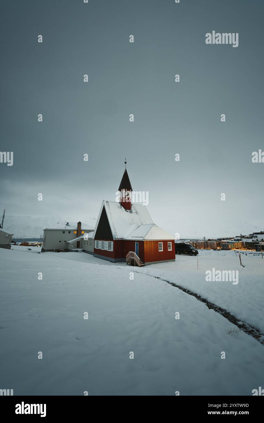 Red wooden church in Longyearbyen, Svalbard on snowy winter day Stock ...