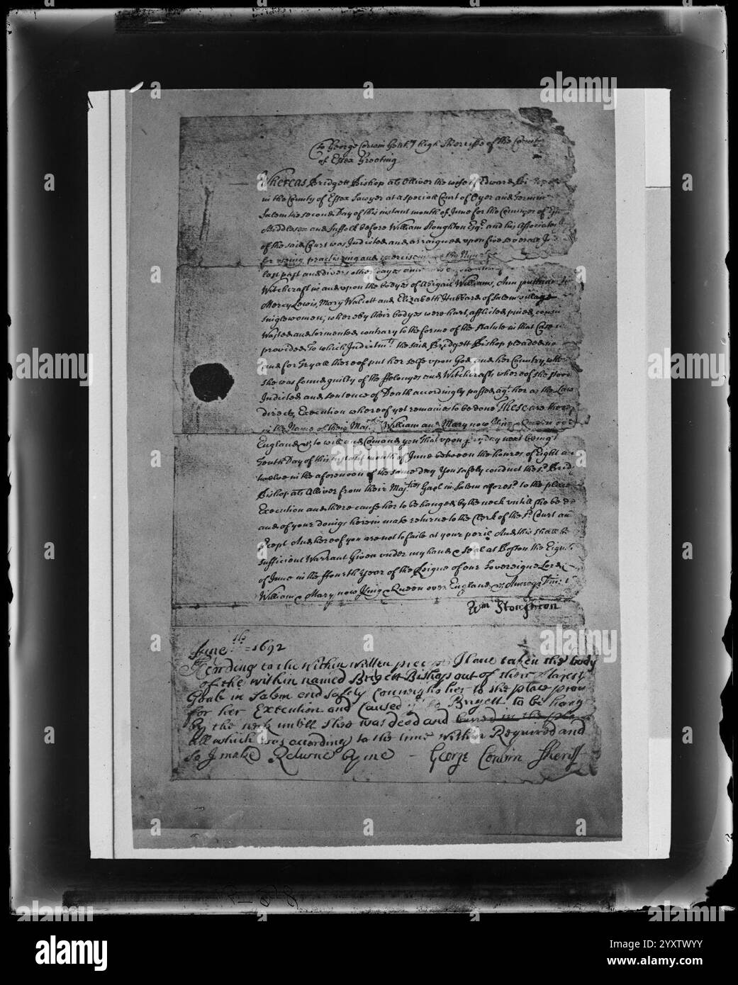 Death warrant for the hanging of Bridget Bishop for witchcraft, by ...