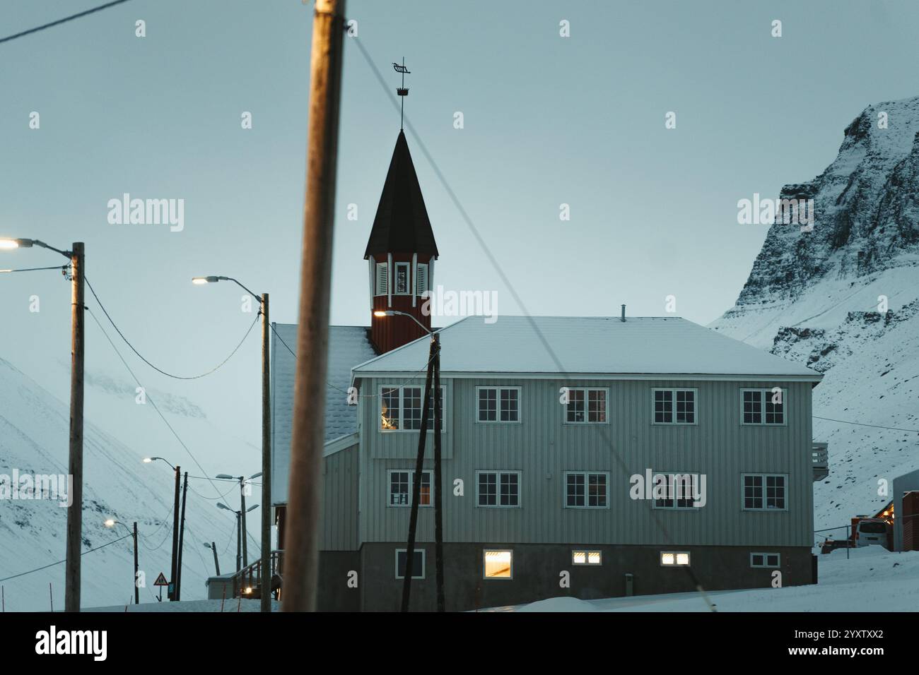 Longyearbyen, Svalbard church spire in the polar night Stock Photo - Alamy