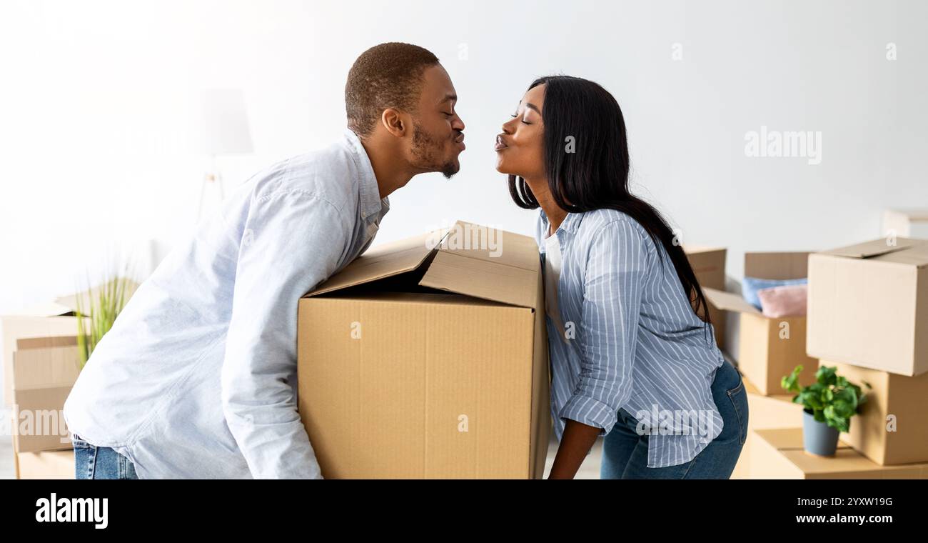 Home relocation concept. Loving african american couple carrying big ...