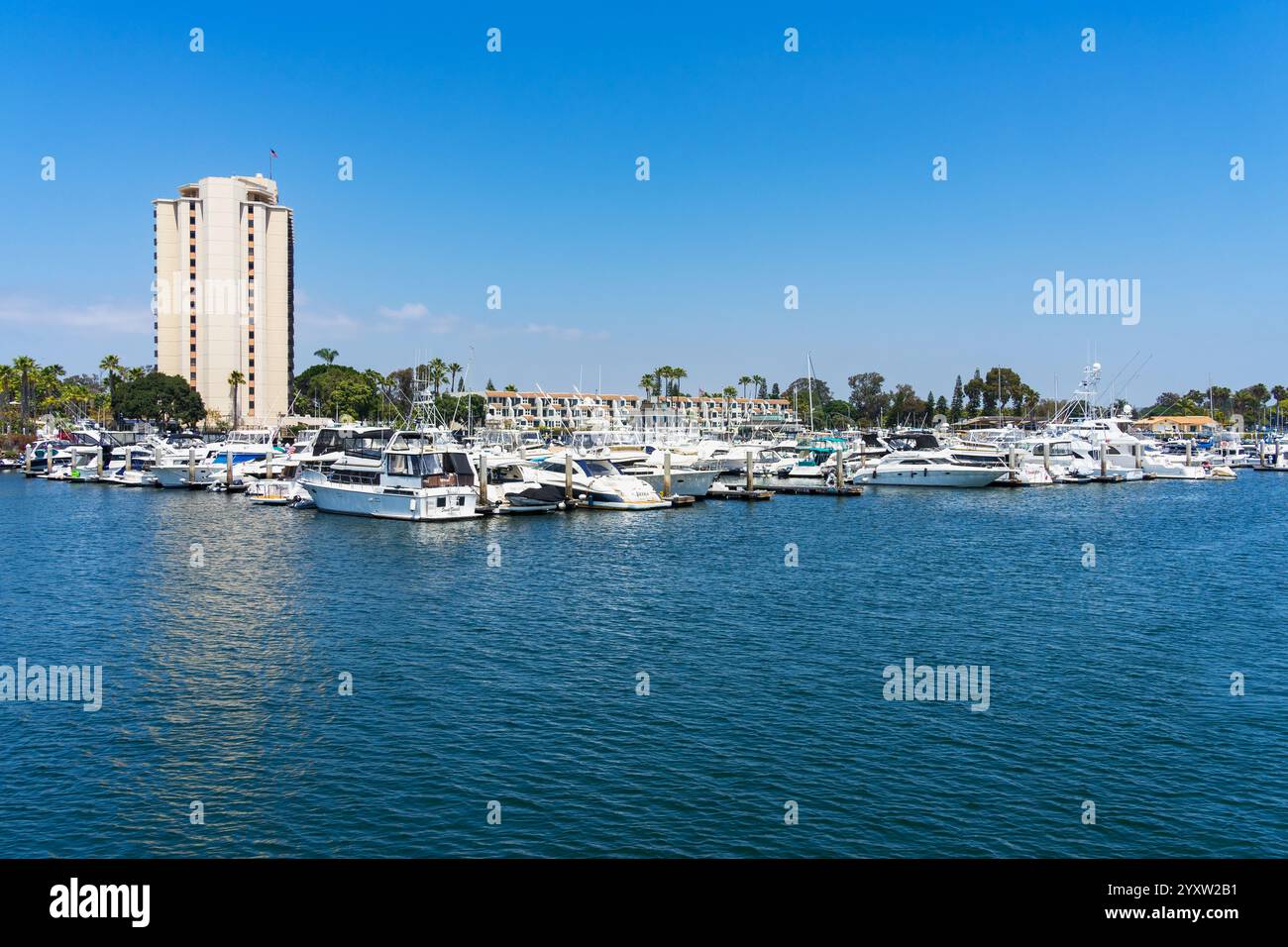 San Diego, CA, USA - May 3, 2024: View of a marina with the Hyatt ...