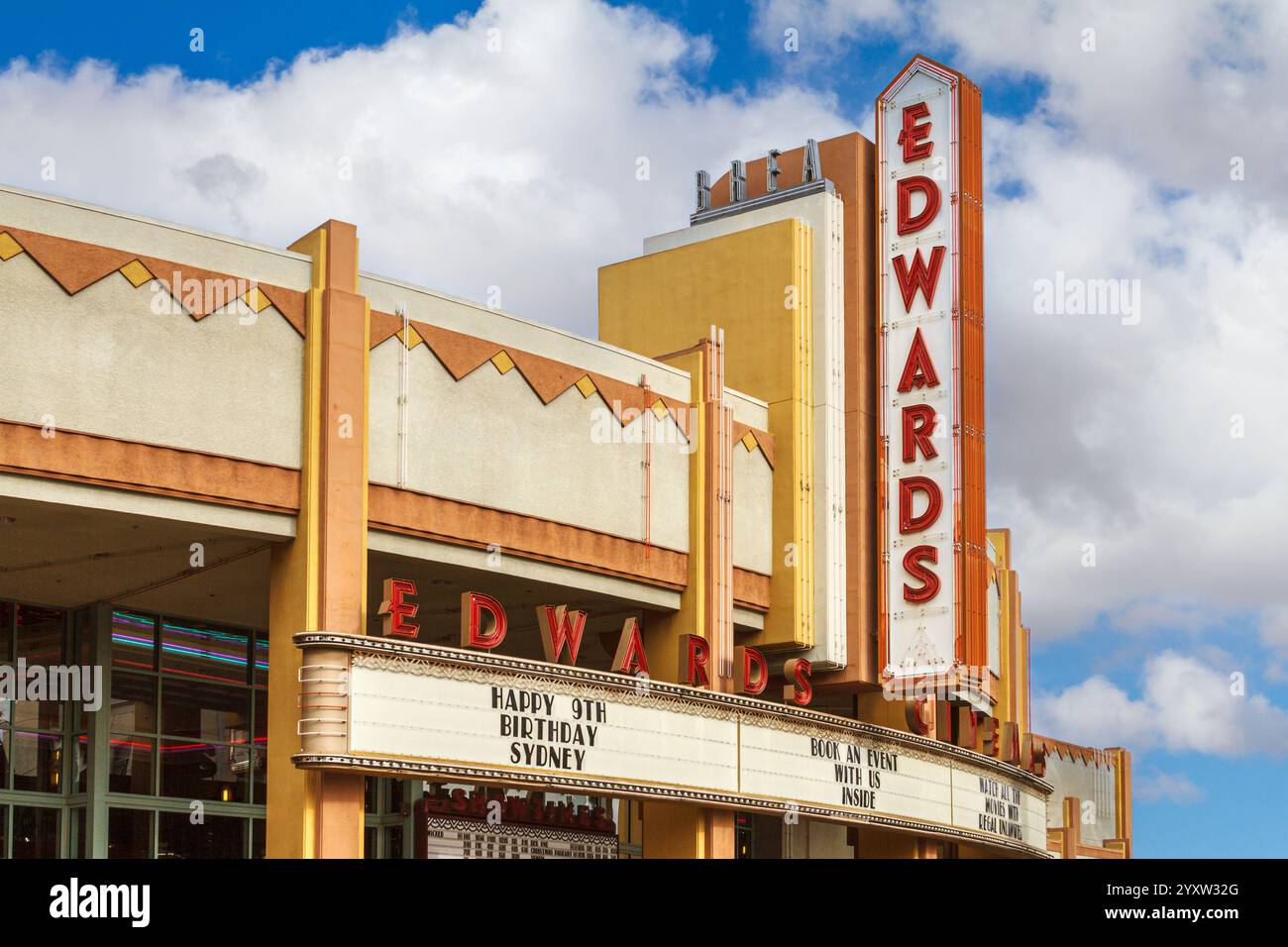 Brea, CA, USA - November 25, 2024: Edwards movie theater exterior with marquee in Downtown Brea ...
