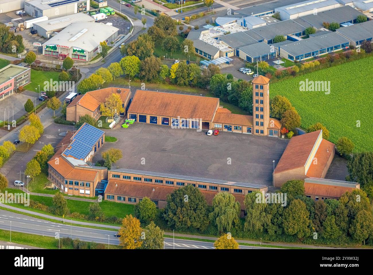 Aerial view, Goch volunteer fire department and hose tower, Höster Weg ...