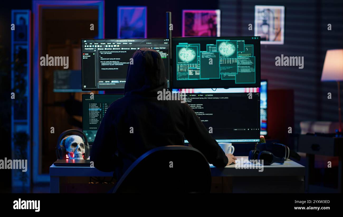 Hacker Arriving In Underground Hq Ready To Start Coding Malware Designed To Exploit Network