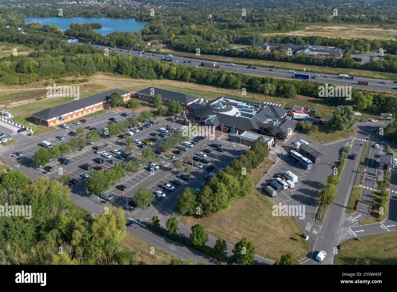 Aerial view of Moto Reading M4 Eastbound service station Burghfield, UK ...