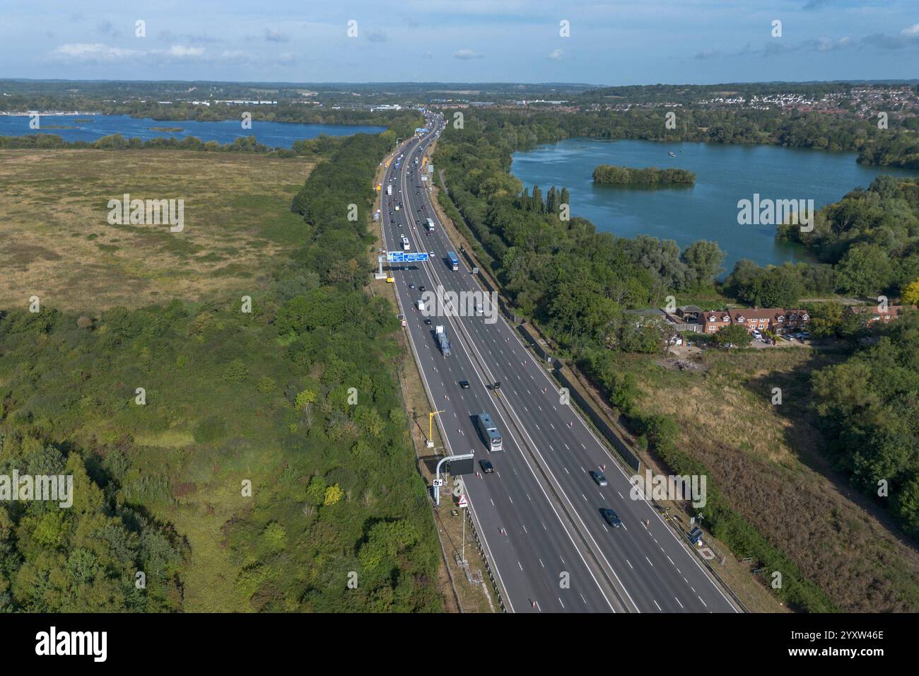 Aerial view of the M4 motorway heading NW, Burghfield, Reading, UK ...