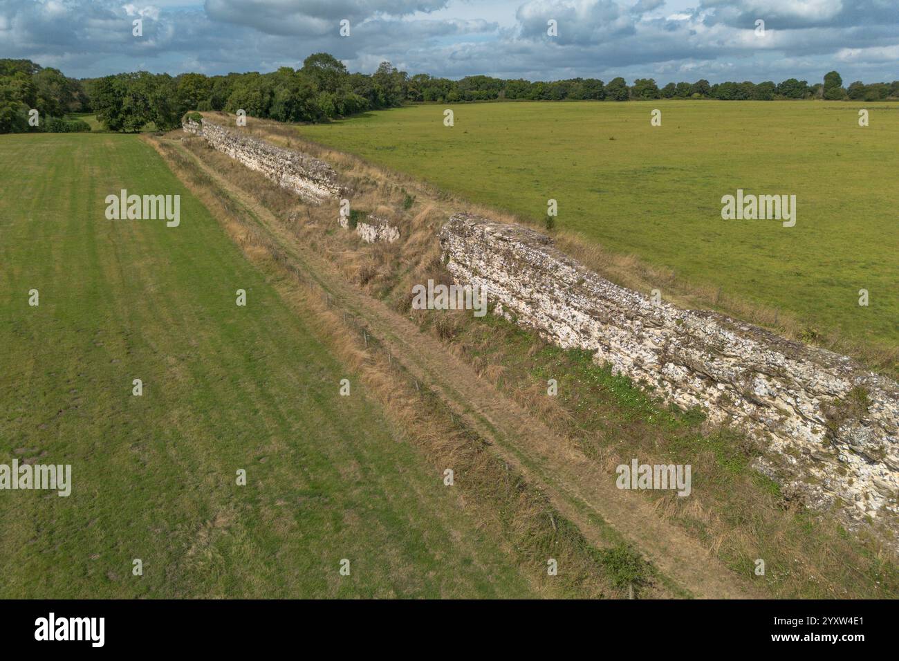 Aerial view of a section of south wall to the Roman city of Silchester ...
