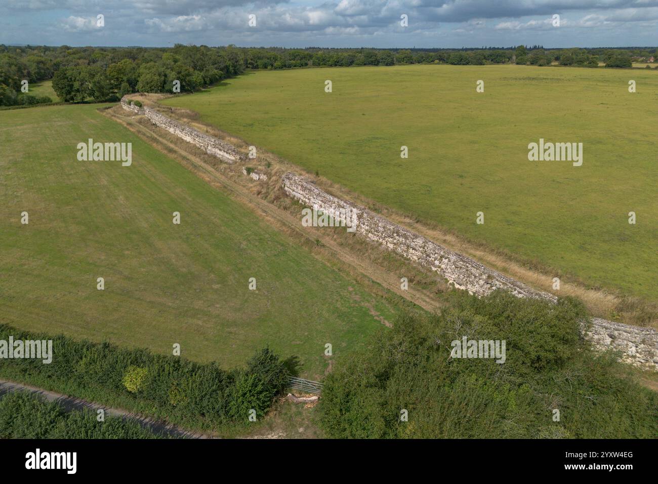 Aerial view of a section of south wall to the Roman city of Silchester ...
