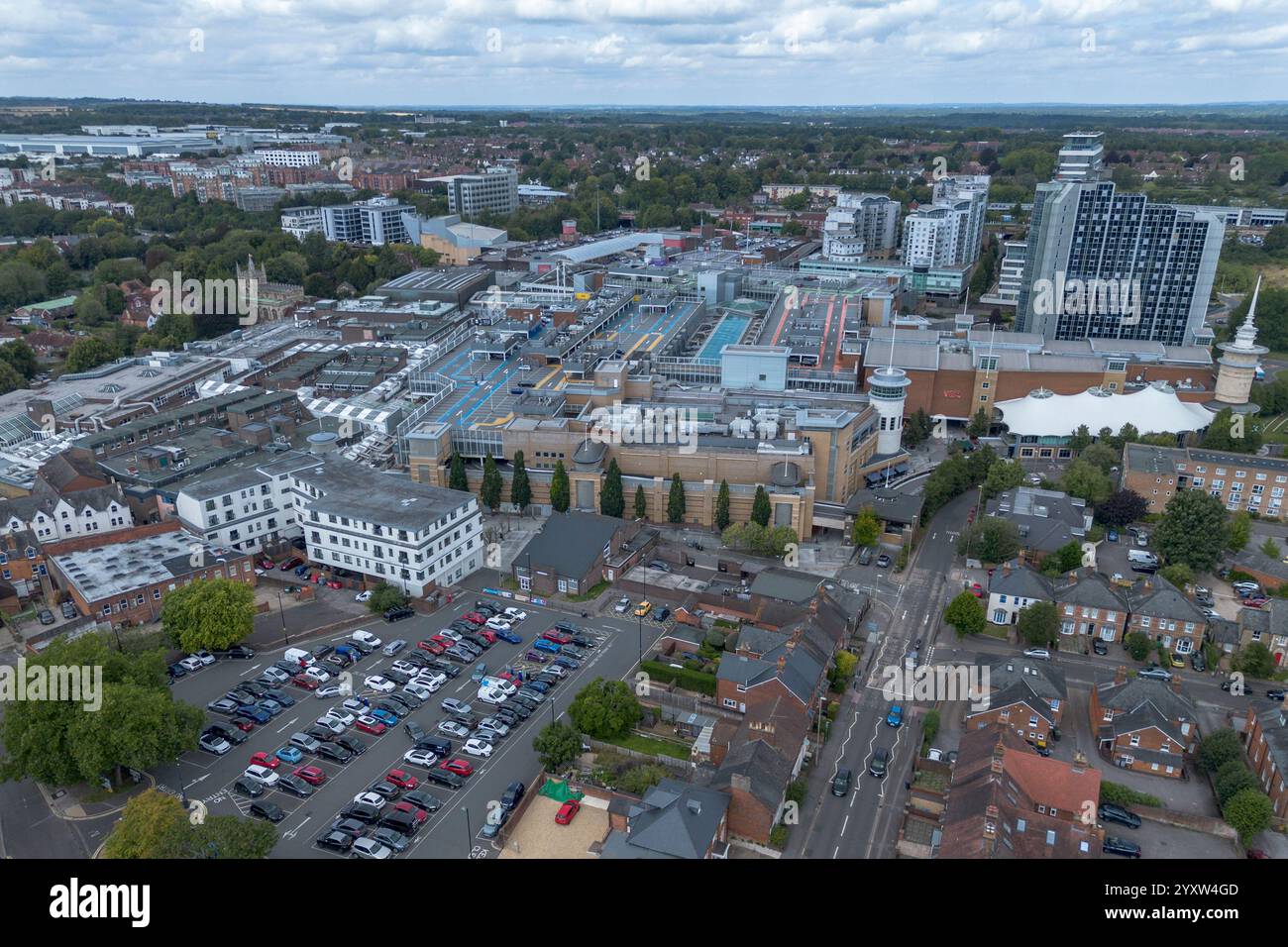 Aerial view moving towards the Festival Place shopping centre starting ...