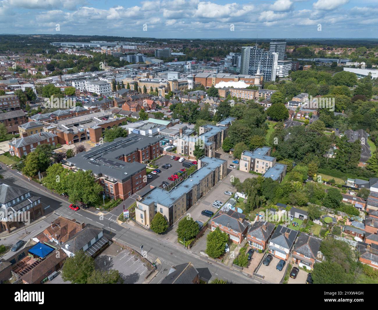 Aerial view moving towards the Festival Place shopping centre starting ...