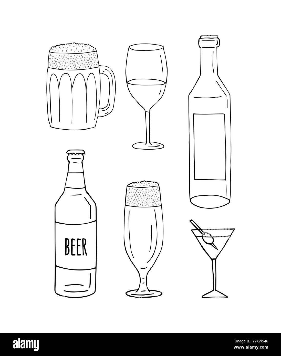 Vector set bundle of hand drawn doodle sketch different alcohol bottles ...