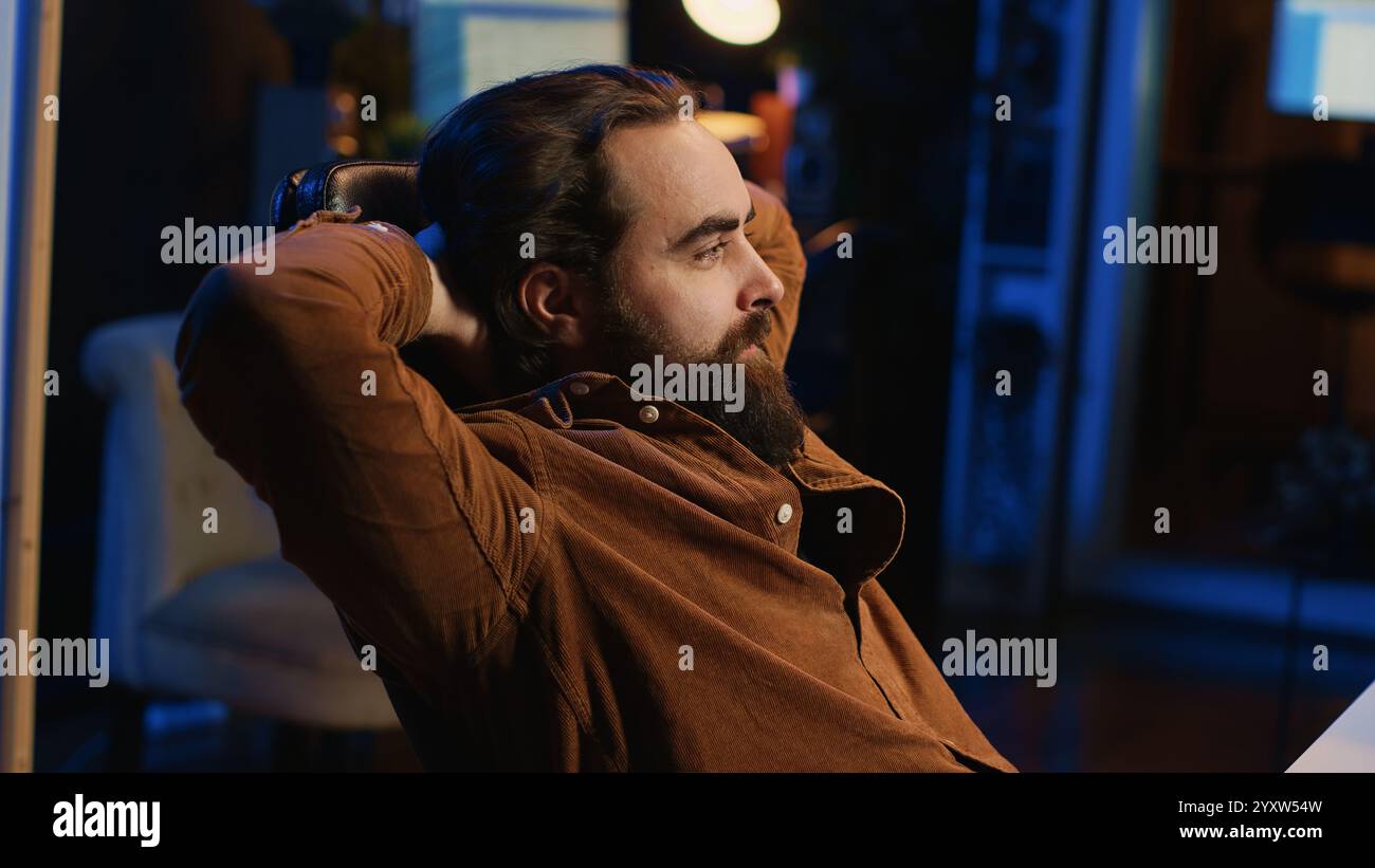 Happy computer scientist feeling relieved, finally being able to relax ...