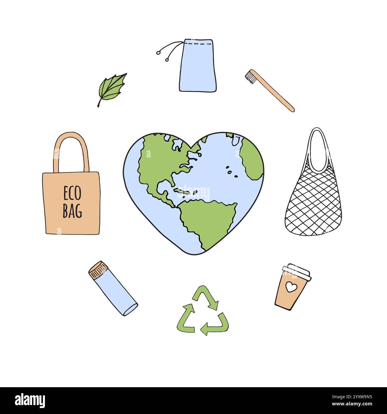 Vector set bundle of colored hand drawn doodle sketch eco friendly zero ...