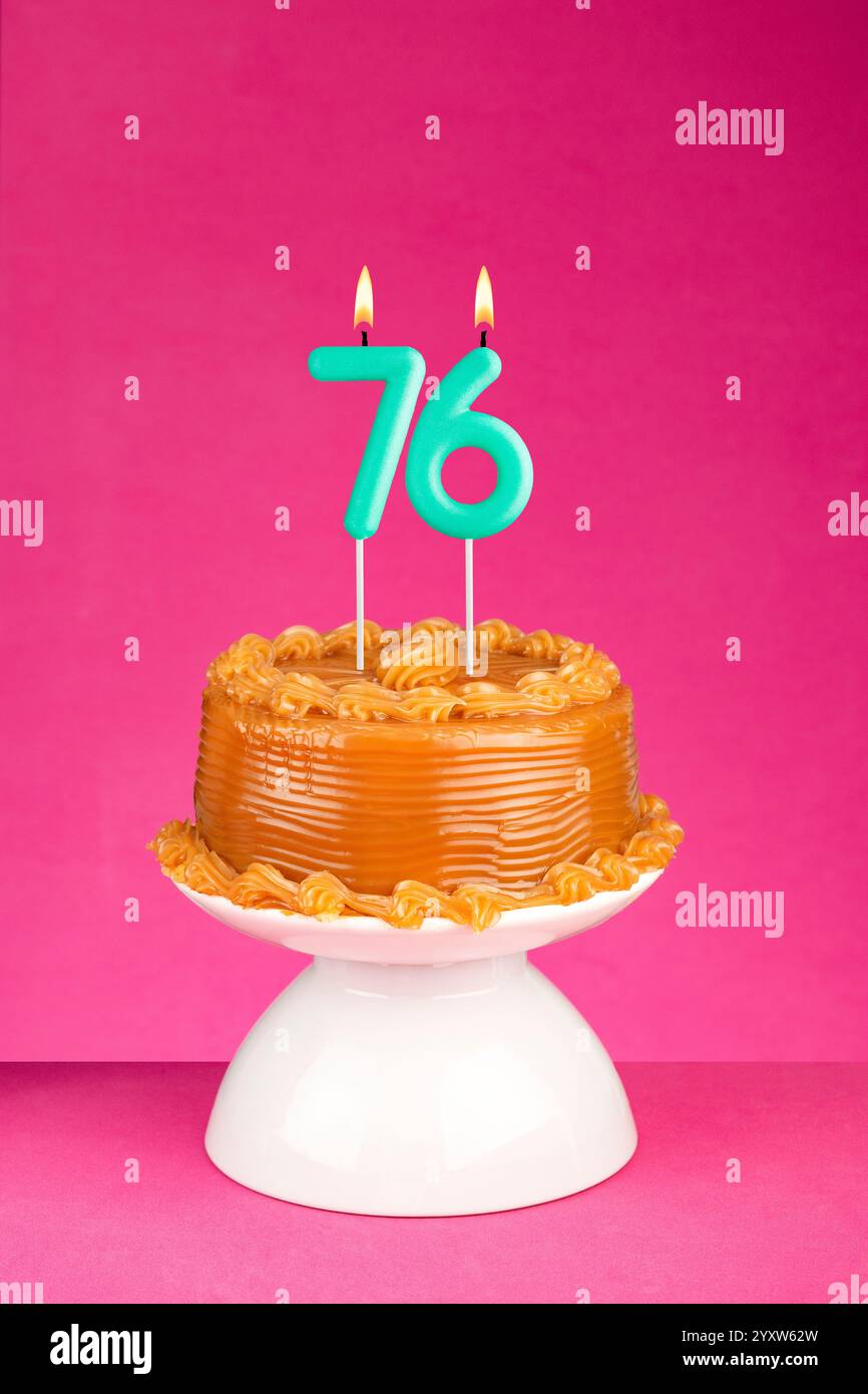 Birthday cake with number 76 candle - Anniversary card on a pink ...