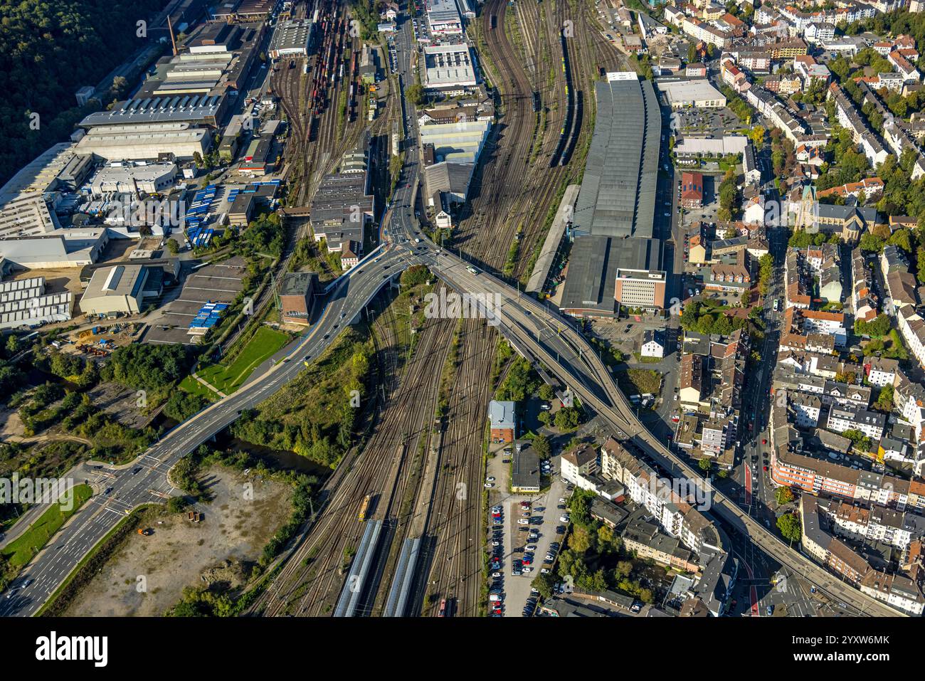 Aerial view, federal highway B54 bridge Eckeseyer Straße over railroad ...