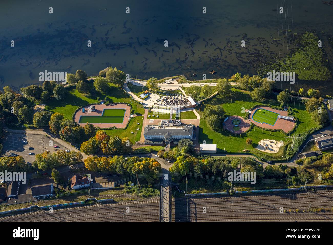 Aerial view, beach house Salitos Beach Hengsteysee with outdoor pool ...