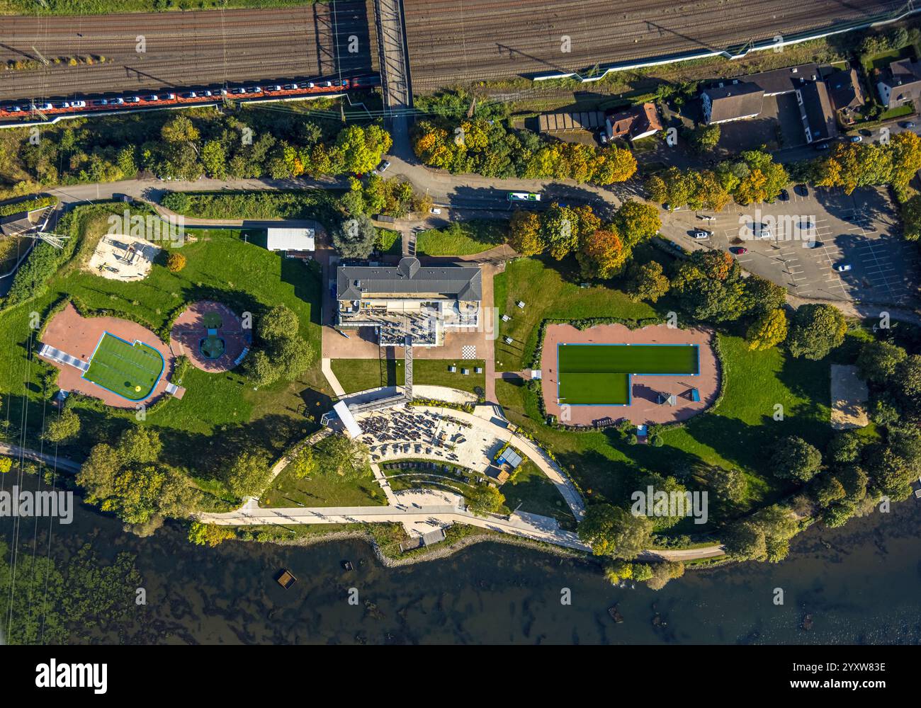 Aerial view, beach house Salitos Beach Hengsteysee with outdoor pool ...