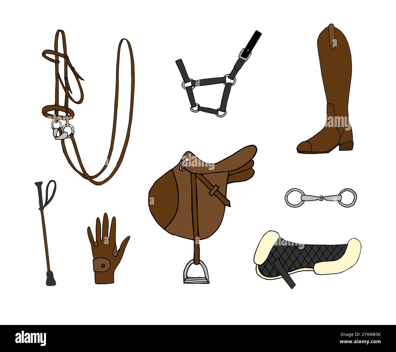 Vector set bundle of hand drawn doodle sketch colored equestrian horse riding equipment isolated ...