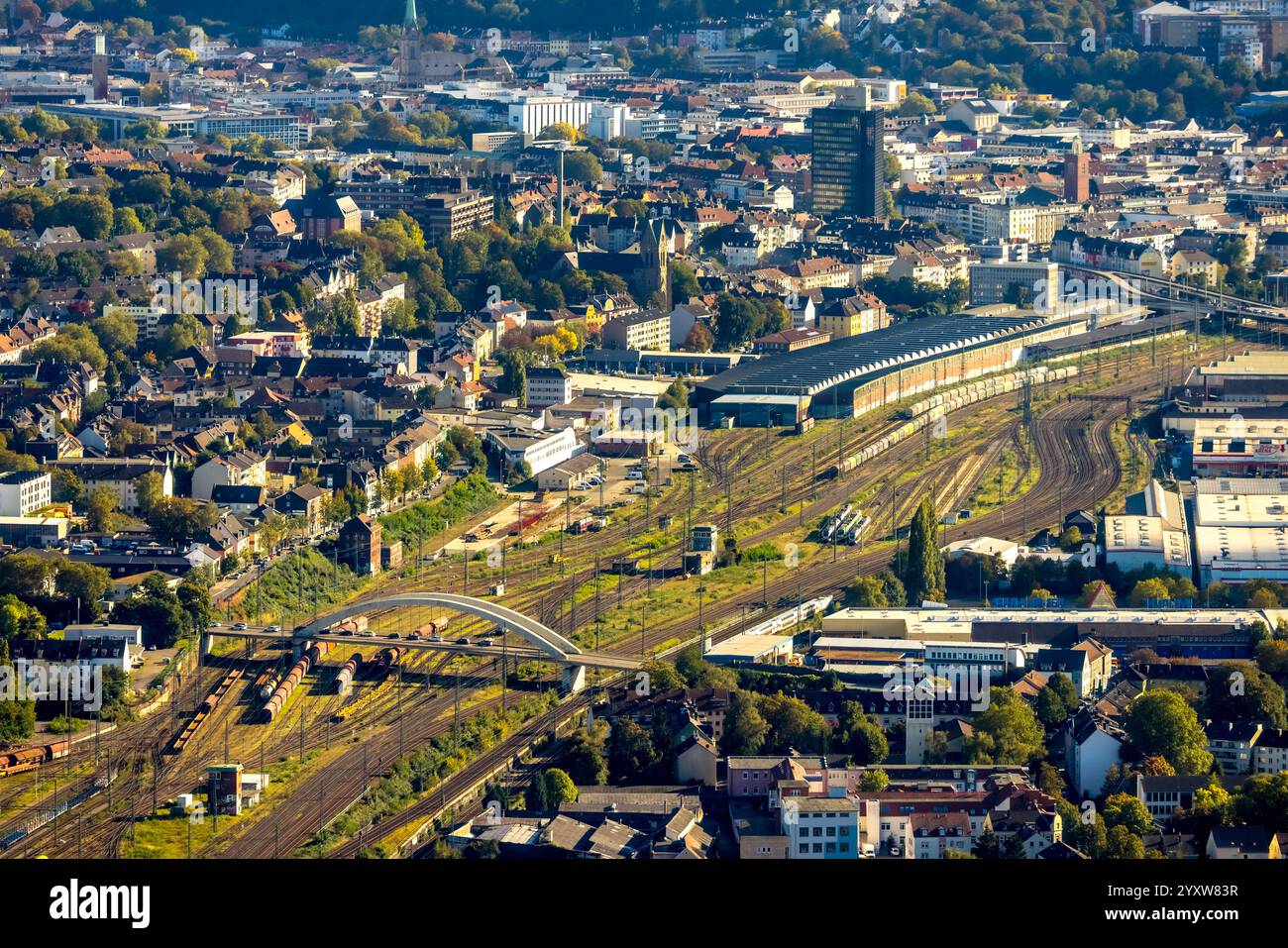 Aerial view, freight trains and bridge Fuhrparkstraße over the railroad ...