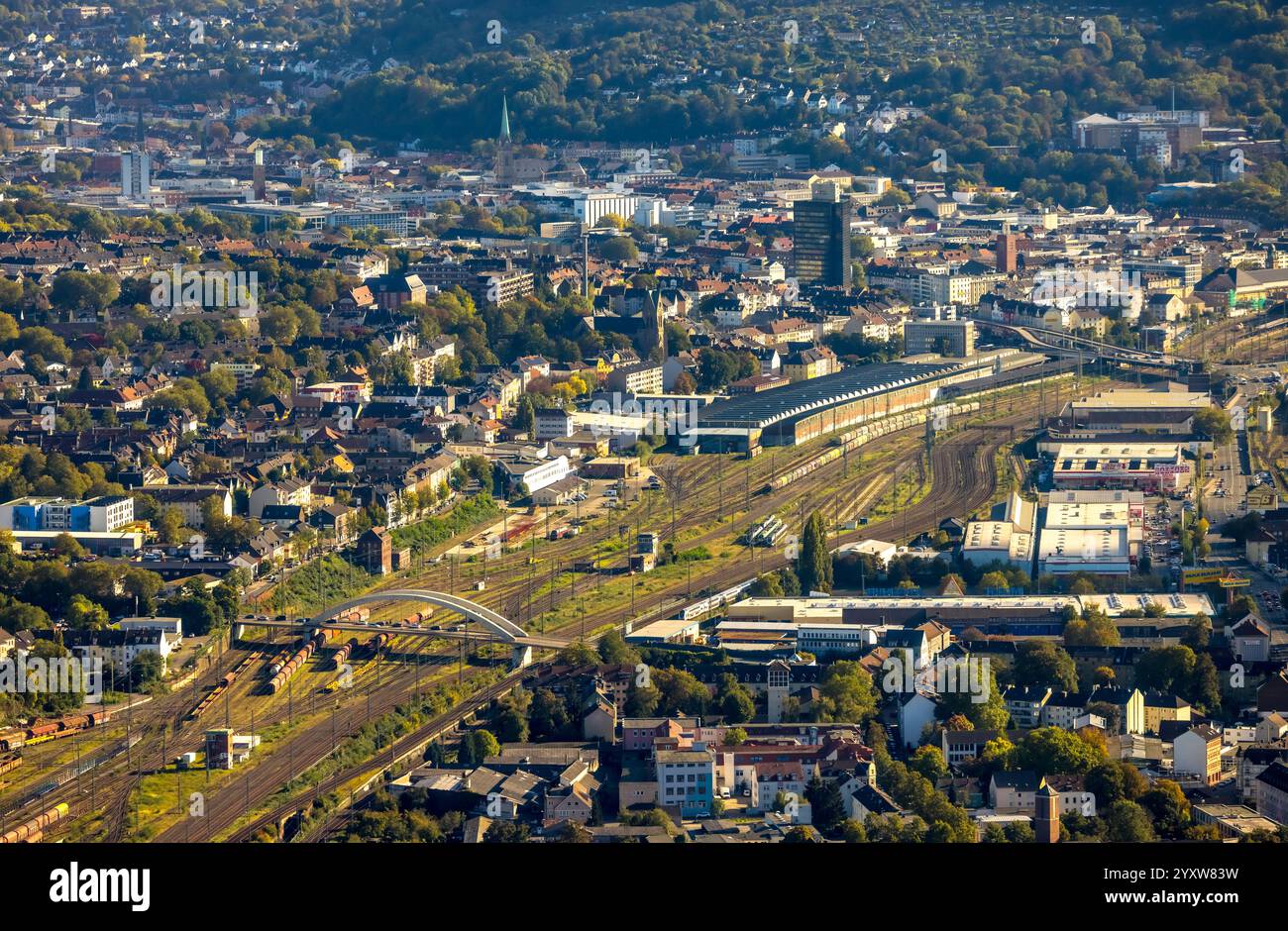 Aerial view, freight trains and bridge Fuhrparkstraße over the railroad ...