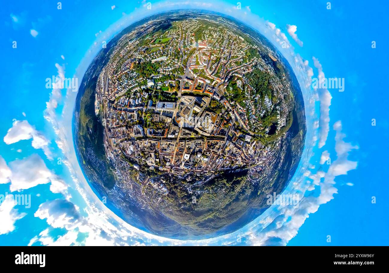 Aerial view, city center with town hall and Volme Galerie shopping center, earth globe, fisheye ...
