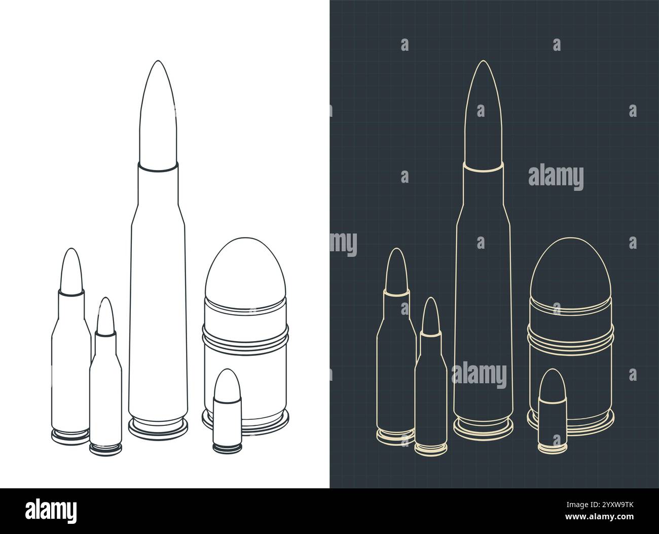 Stylized vector illustrations of isometric drawings of bullets of ...