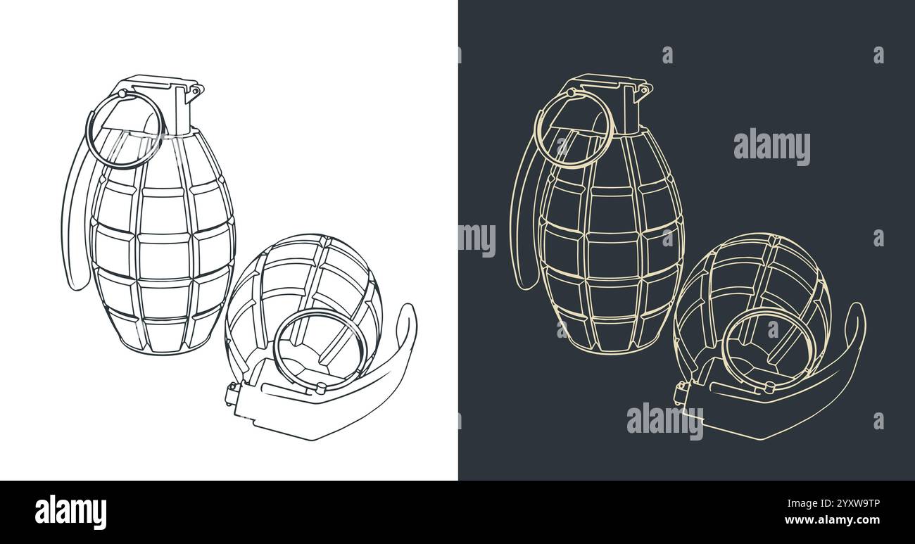 Stylized vector illustrations of a hand fragmentation grenade Stock ...