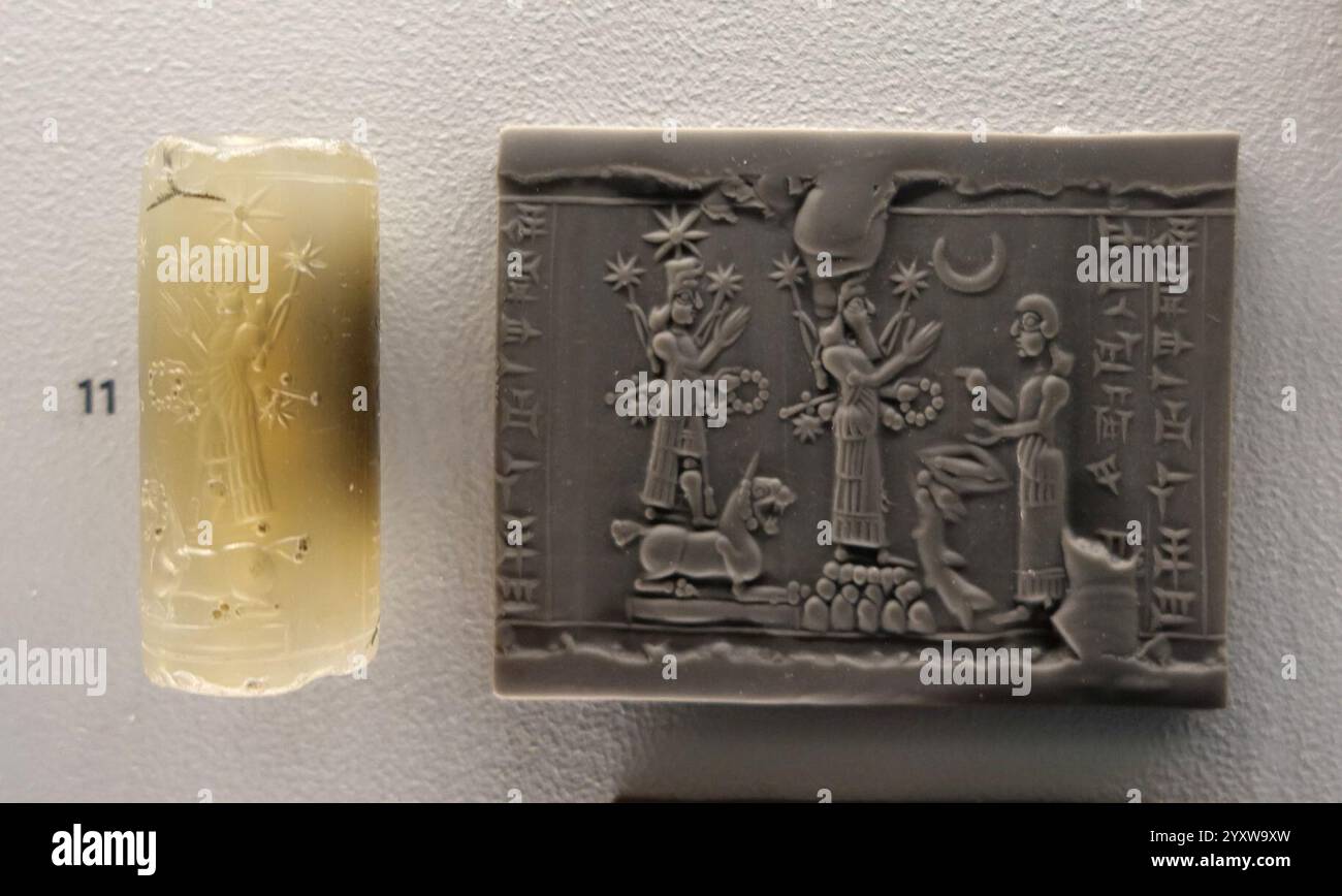 Deities and worshipper, cylinder seal inscribed 'belonging to Ubashi ...