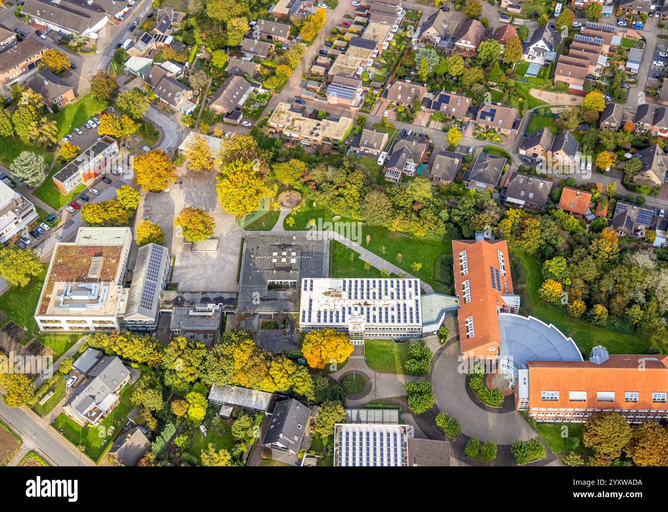 Aerial view, Municipal comprehensive school and indoor swimming pool ...