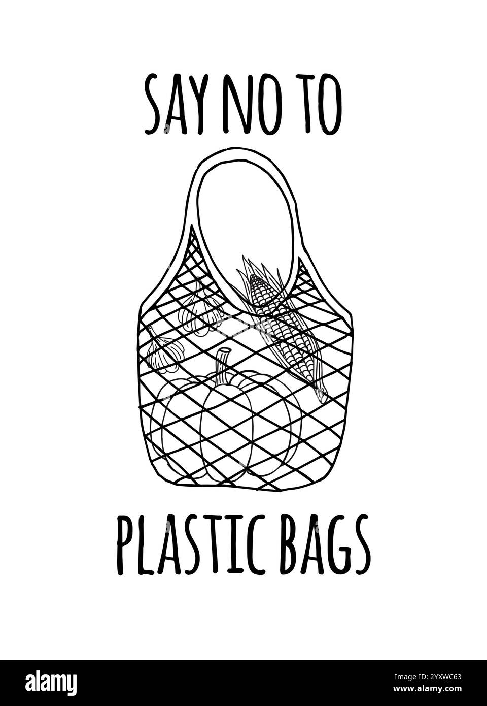 Vector hand drawn doodle sketch eco string bag with vegetables and say ...
