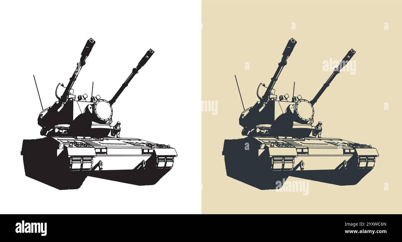 Stylized vector illustrations of anti-aircraft self-propelled gun ...