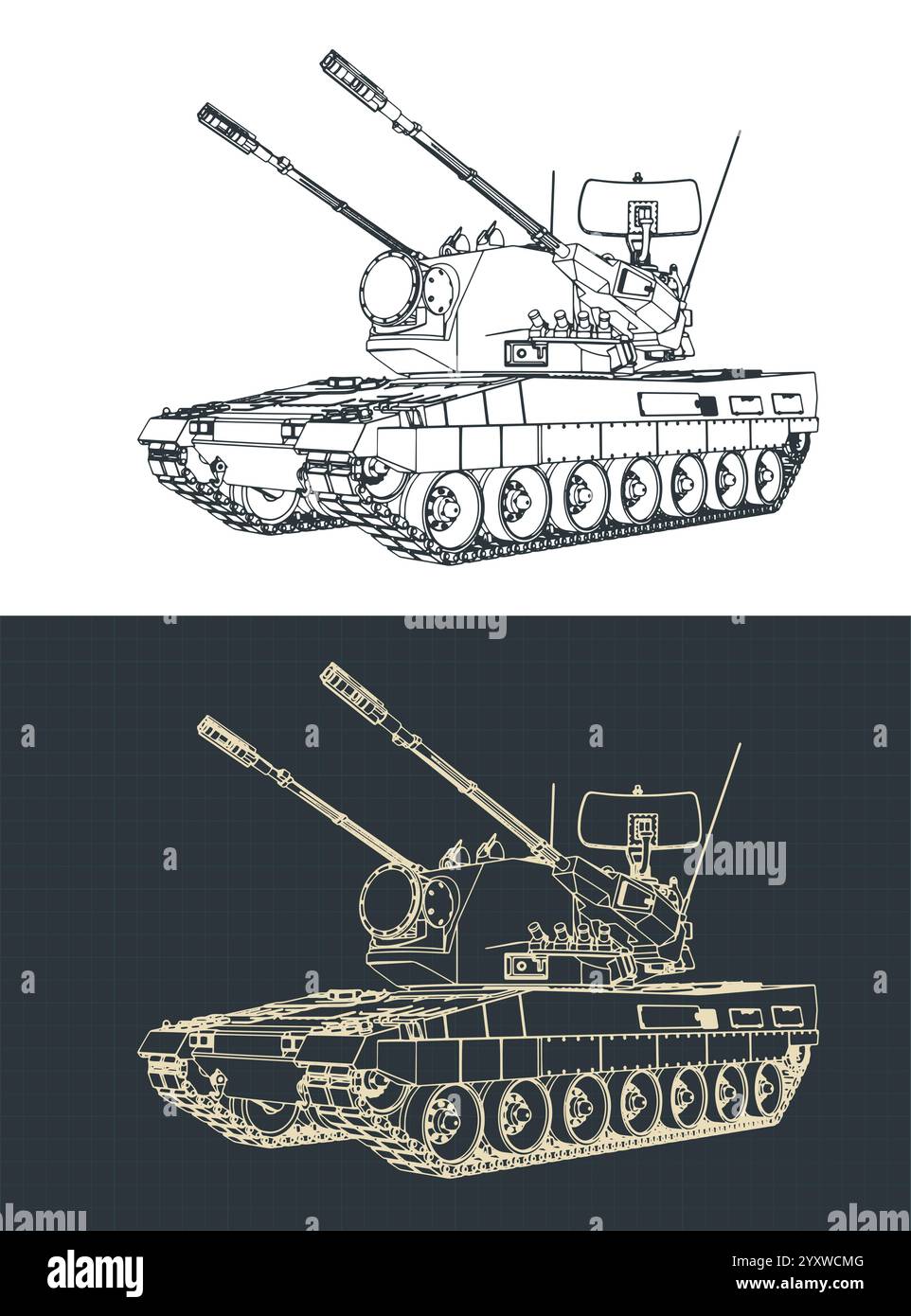 Stylized vector illustrations of anti-aircraft self-propelled gun ...