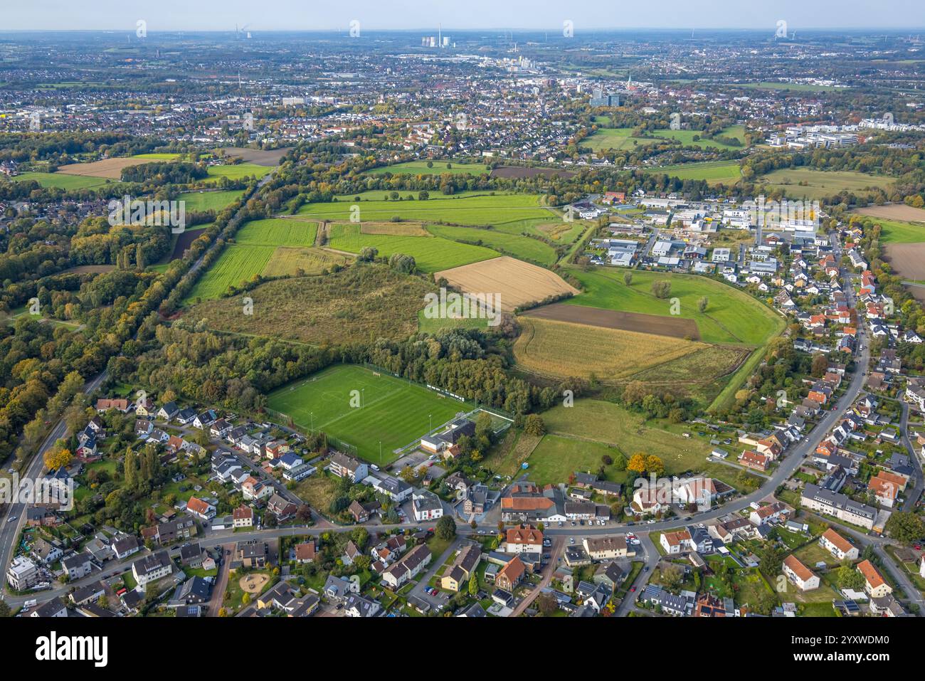 Aerial view, commercial quarter Hohefeldweg, sports field soccer ...
