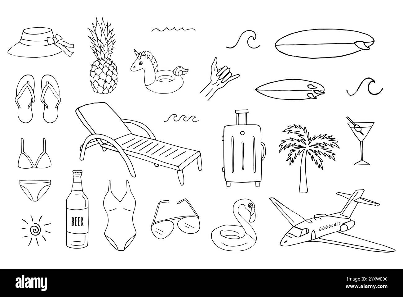Vector set bundle of hand drawn sketch travel beach vacation doodles ...