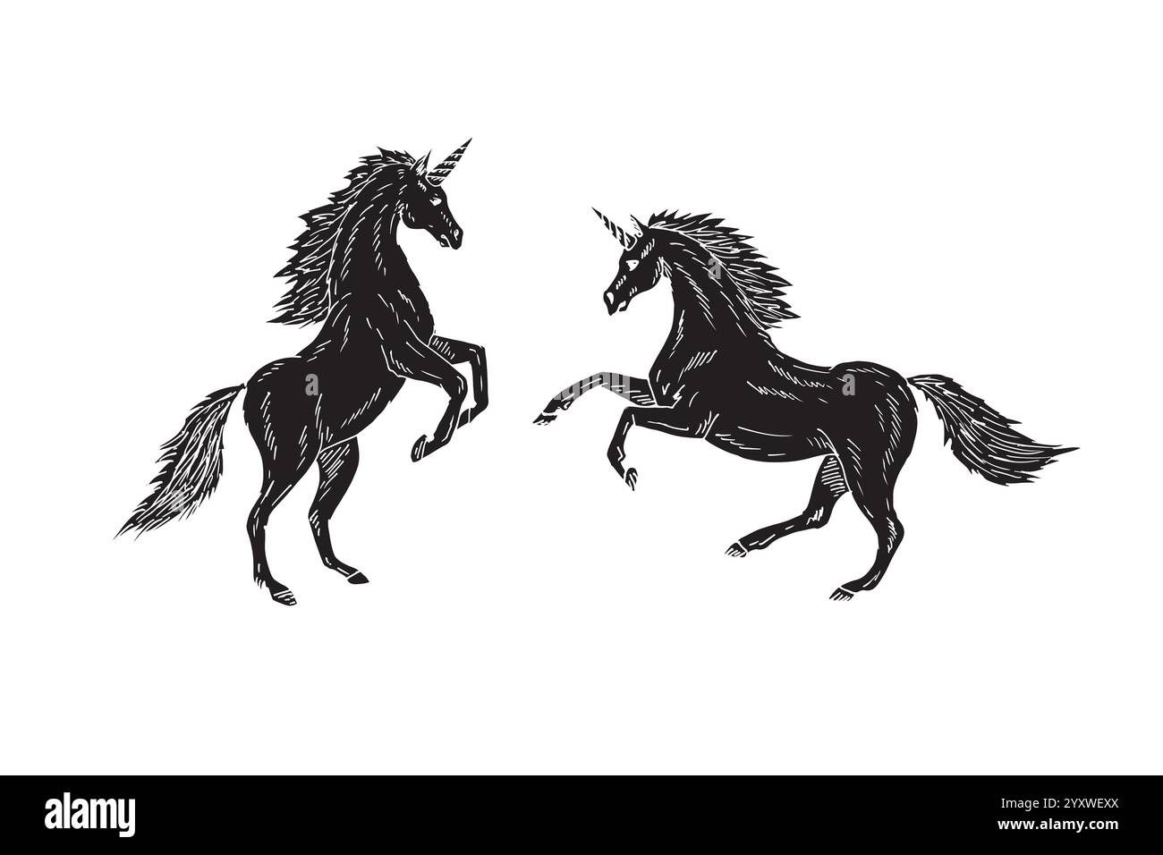 Vector hand drawn doodle sketch two black unicorn isolated on white ...