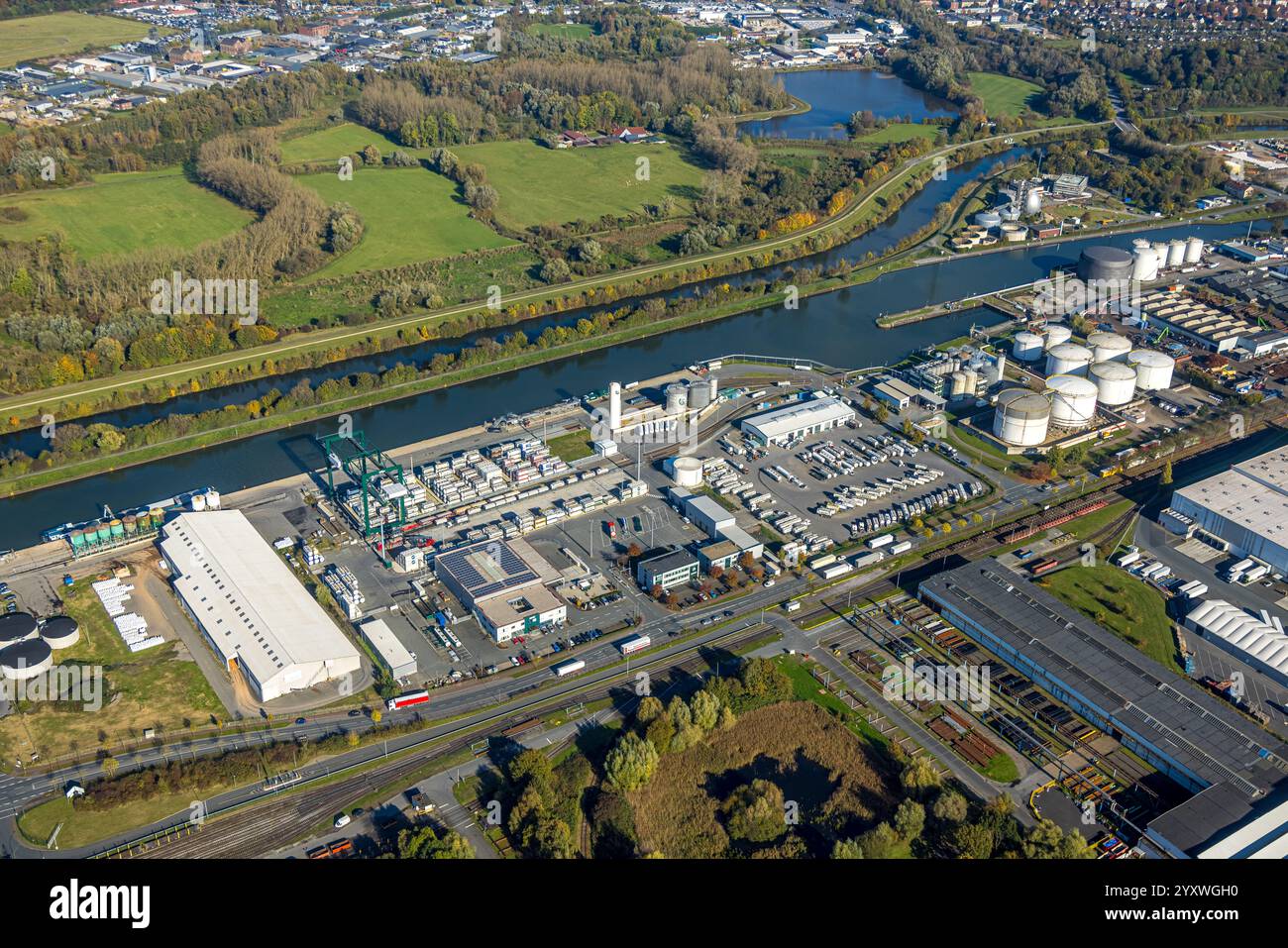 Aerial view, Hammer harbor on the Datteln-Hamm canal, Lanfer Logistik ...