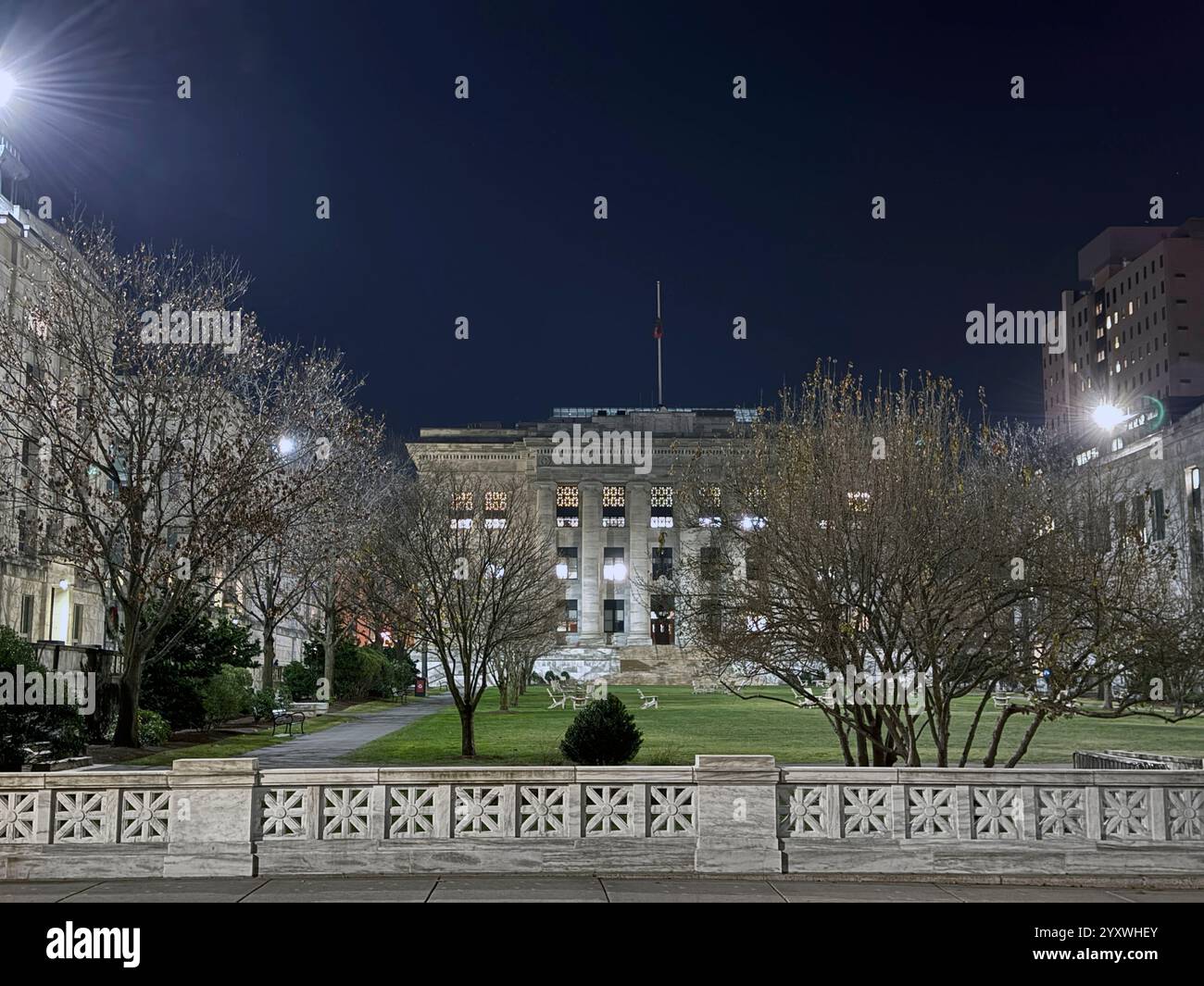 Harvard Medical School, building exterior and quadrangle at night ...