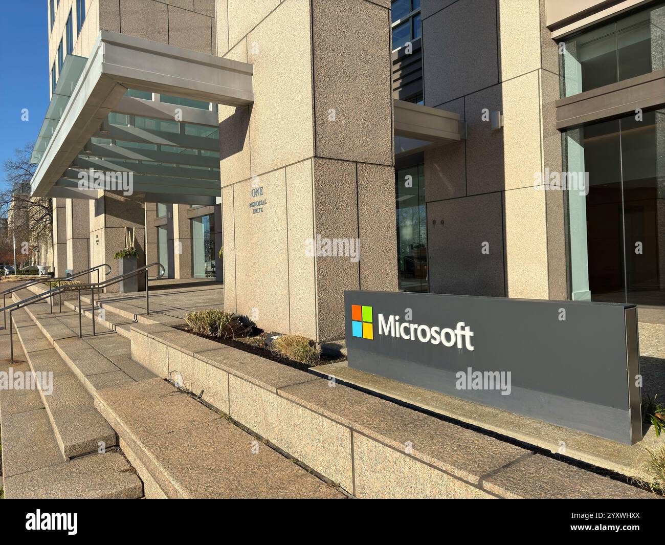 Microsoft, building exterior with company sign and logo, Cambridge ...